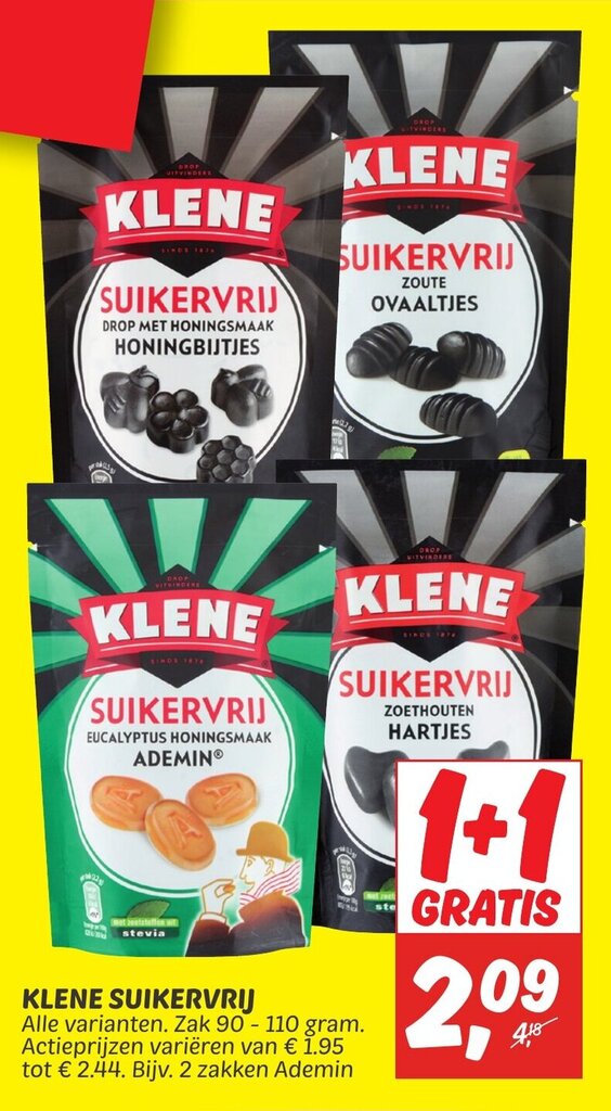 Klene suikervrij 90-110g 1+1 gratis aanbieding bij Dekamarkt