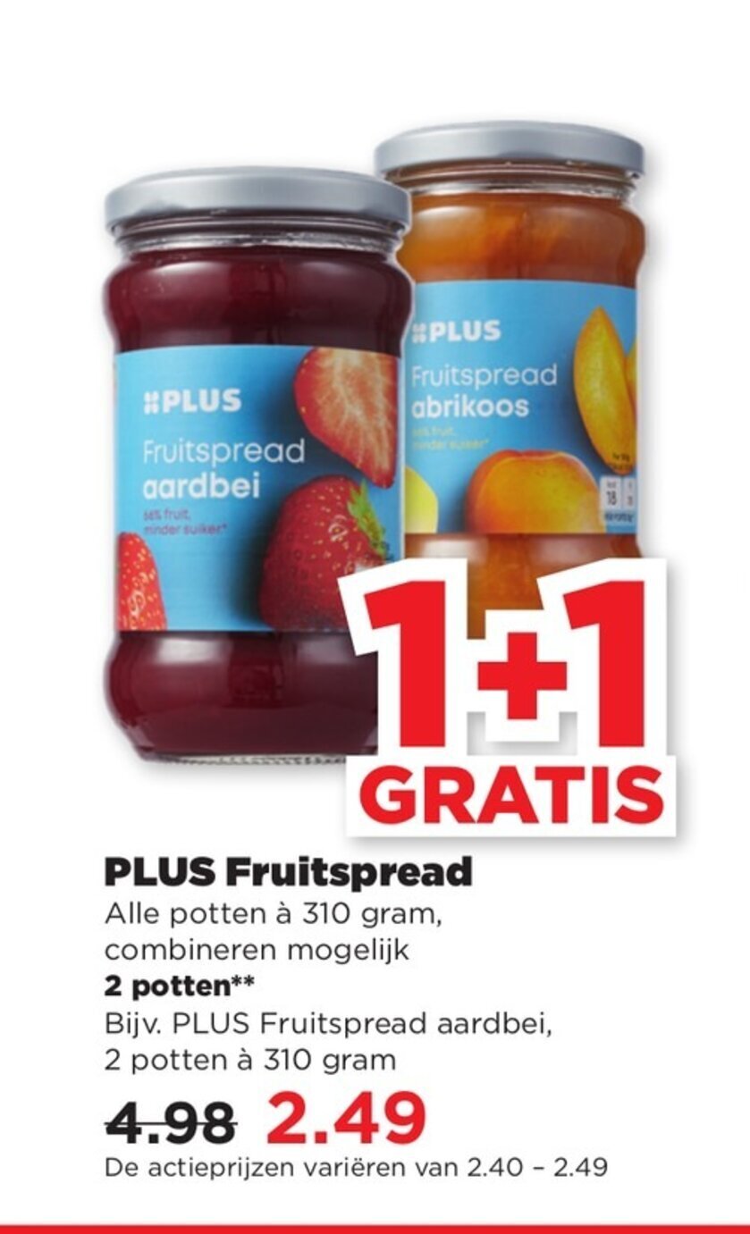 Fruitspread aardbei, 2 potten a 310 gram aanbieding bij PLUS