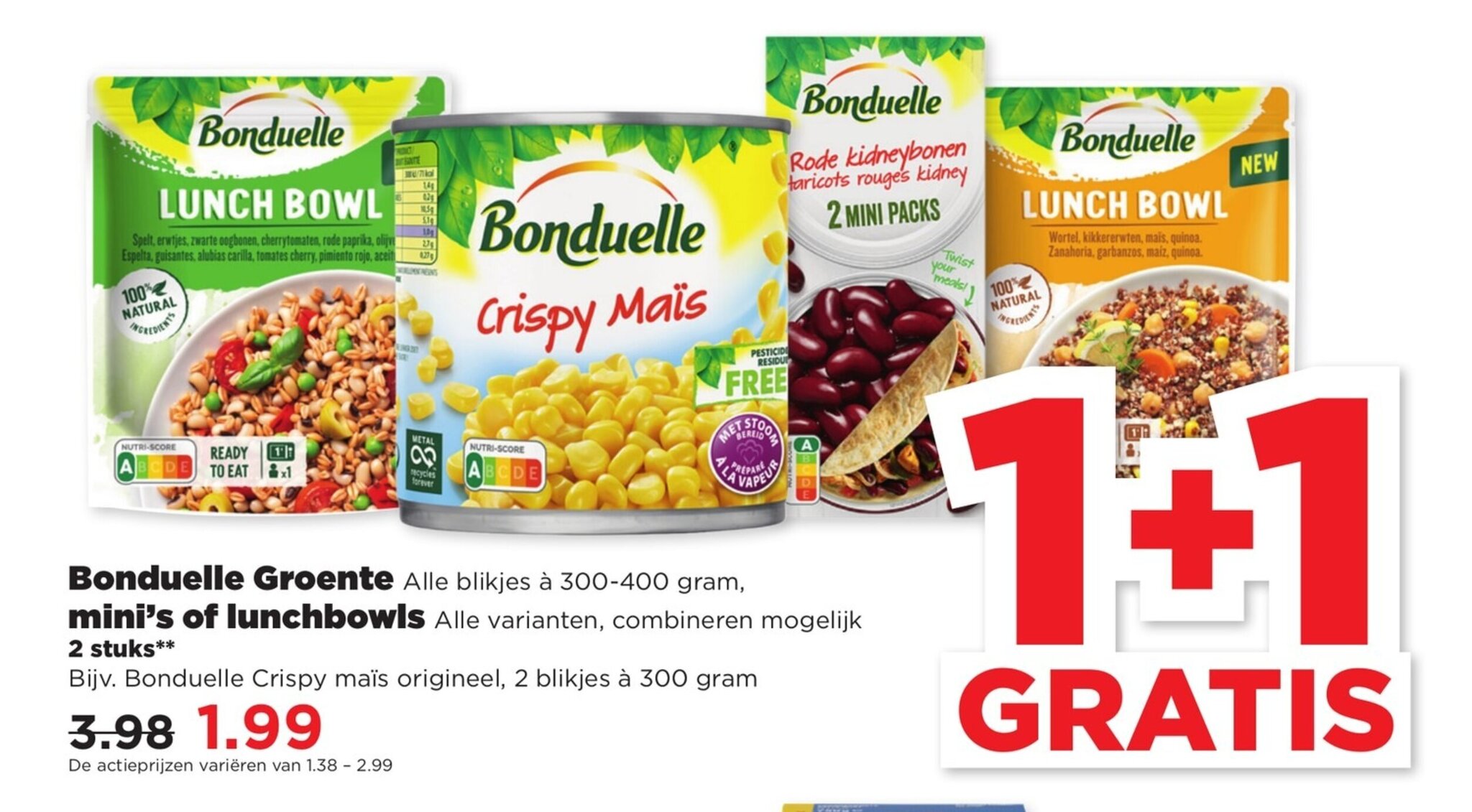 Bonduelle Groente, mini's of lunchbowls 2 blikjes a 300 gram aanbieding bij PLUS