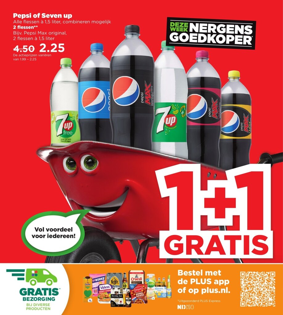 Pepsi of Seven up 2 flessen a 1,5 liter 1+1 Gratis aanbieding bij PLUS