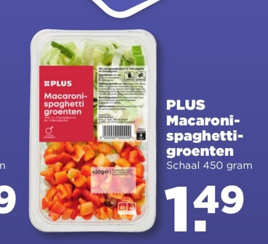 Macaroni-spaghetti-groenten 450 gram aanbieding bij PLUS