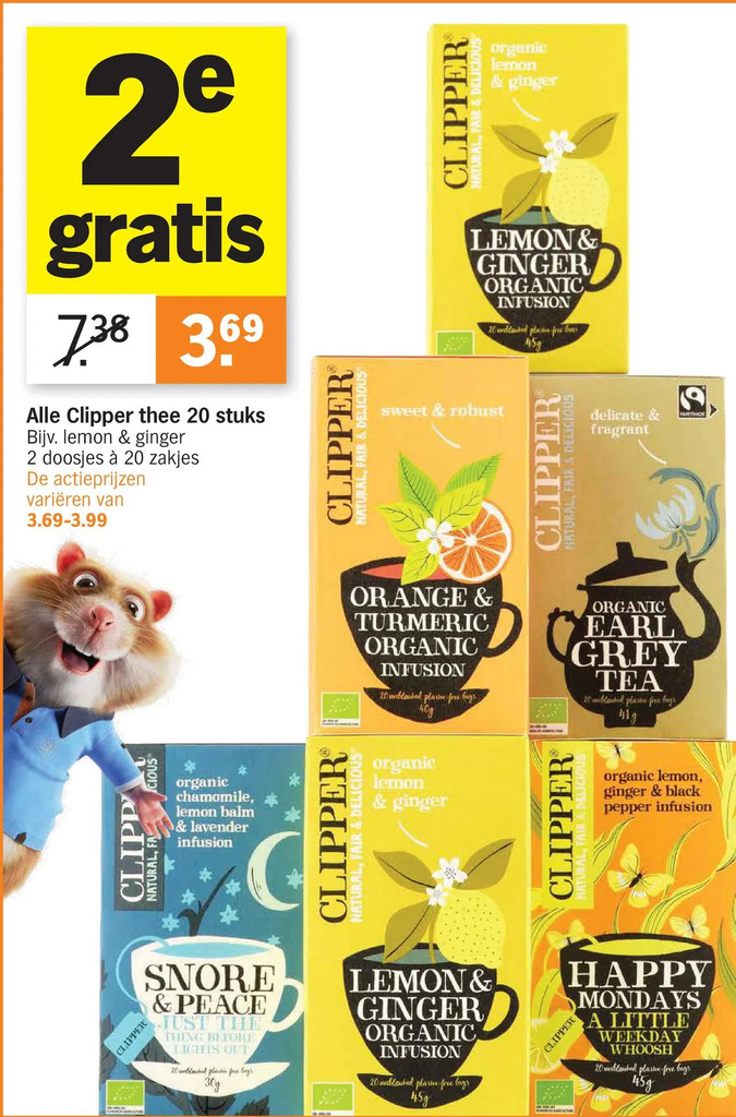 Alle clipper thee 20 stuks 1+1 gratis aanbieding bij Albert Heijn