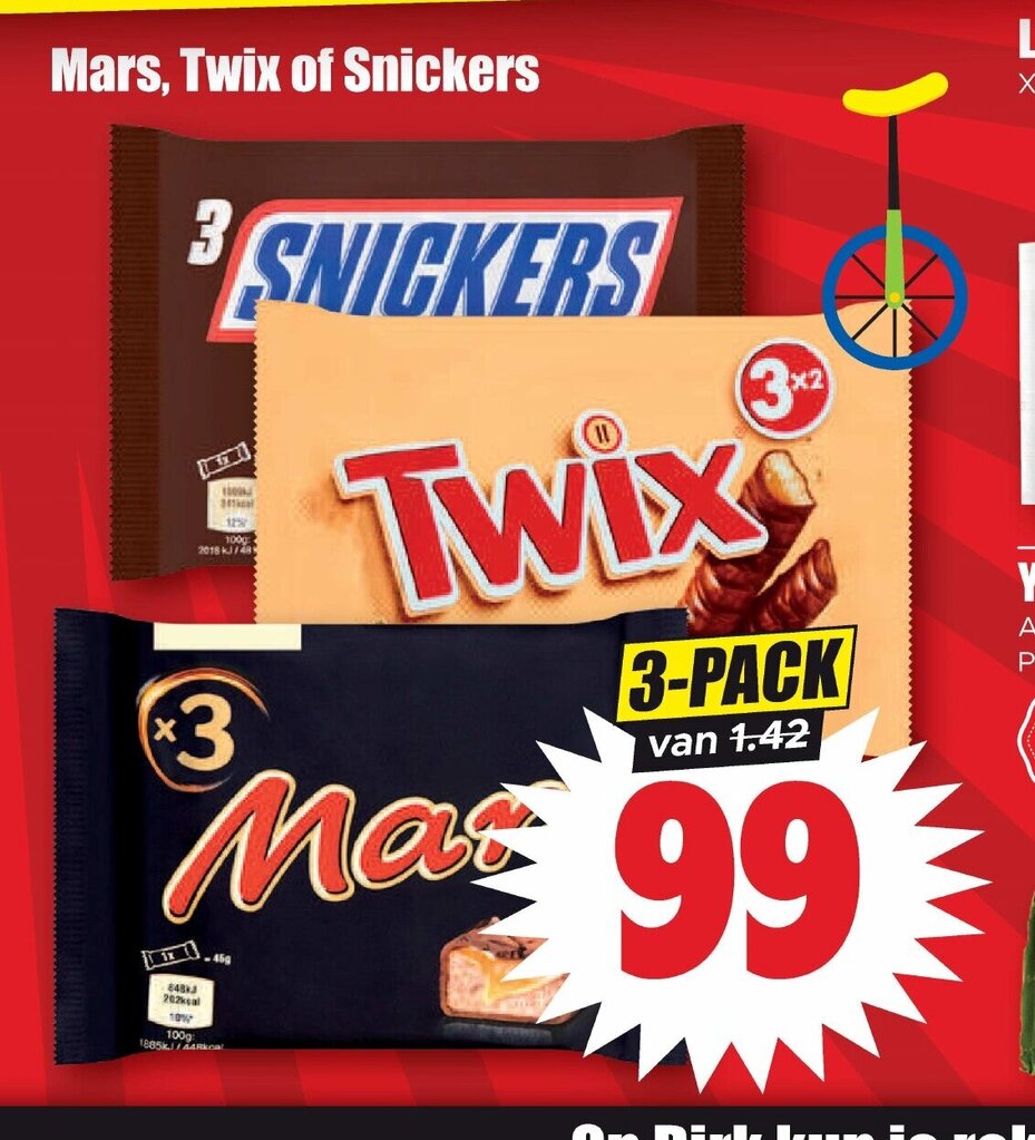 Mars, Twix of Snickers 3-pack aanbieding bij Dirk
