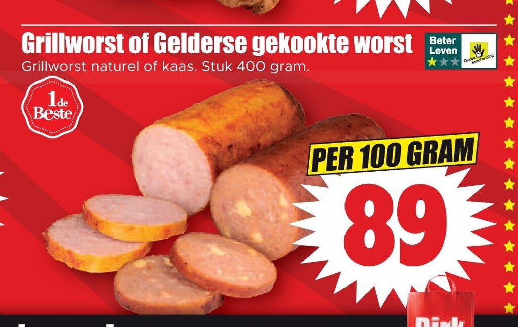 Grillworst of Gelderse gekookte worst per 100 gram aanbieding bij Dirk