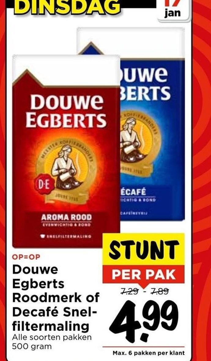 Douwe Egberts Roodmerk of Decafe Snel-filtermaling 500 gram aanbieding bij Vomar