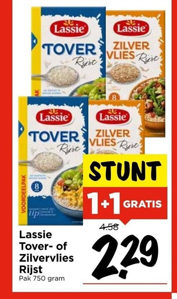 Lassie Tover- of Zilvervlies Rijst pak 750 gram 1+1 Gratis aanbieding ...