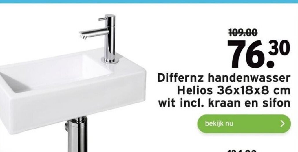 Differnz handenwasser Helios 36 x 18 x 8 cm wit incl. kraan en sifon ...