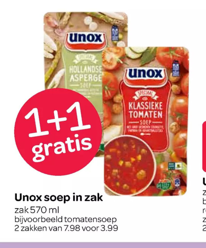 Unox soep in zak 570 ml 1+1 gratis aanbieding bij Spar