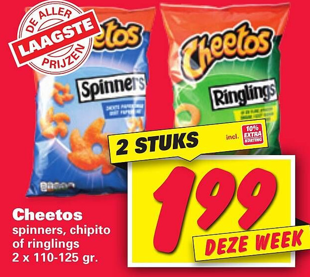 Cheetos spinners, chipito of ringlings aanbieding bij Nettorama