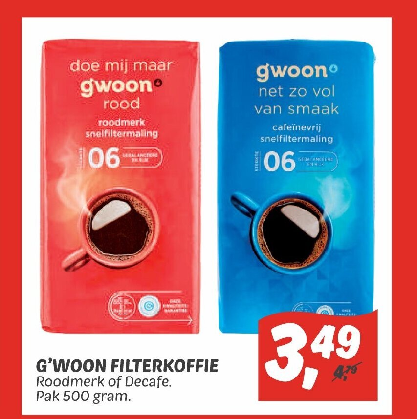 G'woon Filterkoffie 500 gram aanbieding bij Dekamarkt