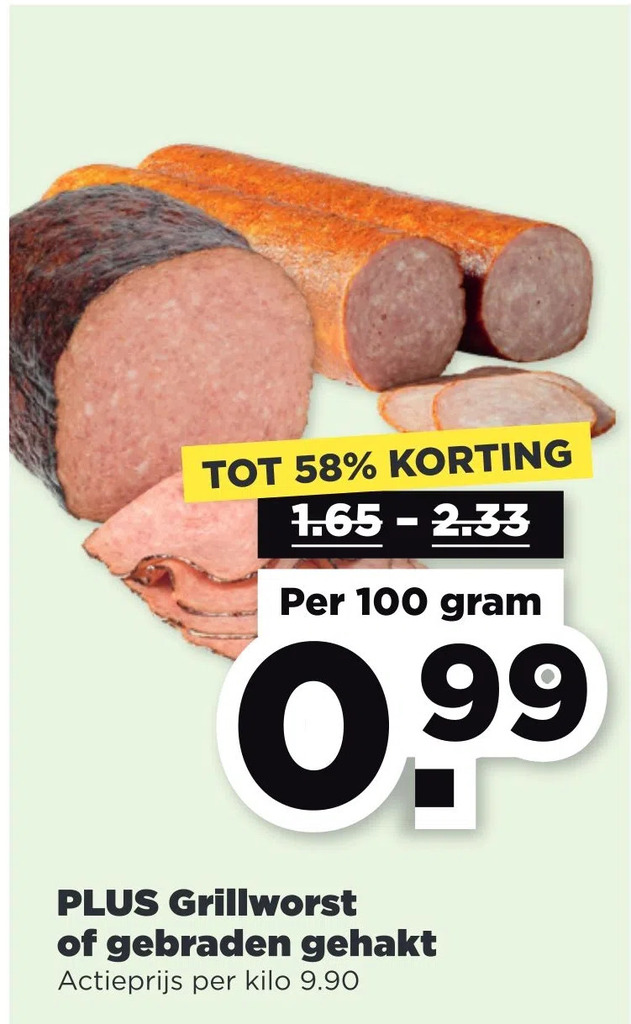 Plus grillworst of gebraden gehakt aanbieding bij PLUS