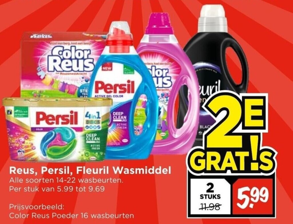 Reus, Persil, Fleuril Wasmiddel alle soorten 14-22 wasbeurten 2€ gratis ...