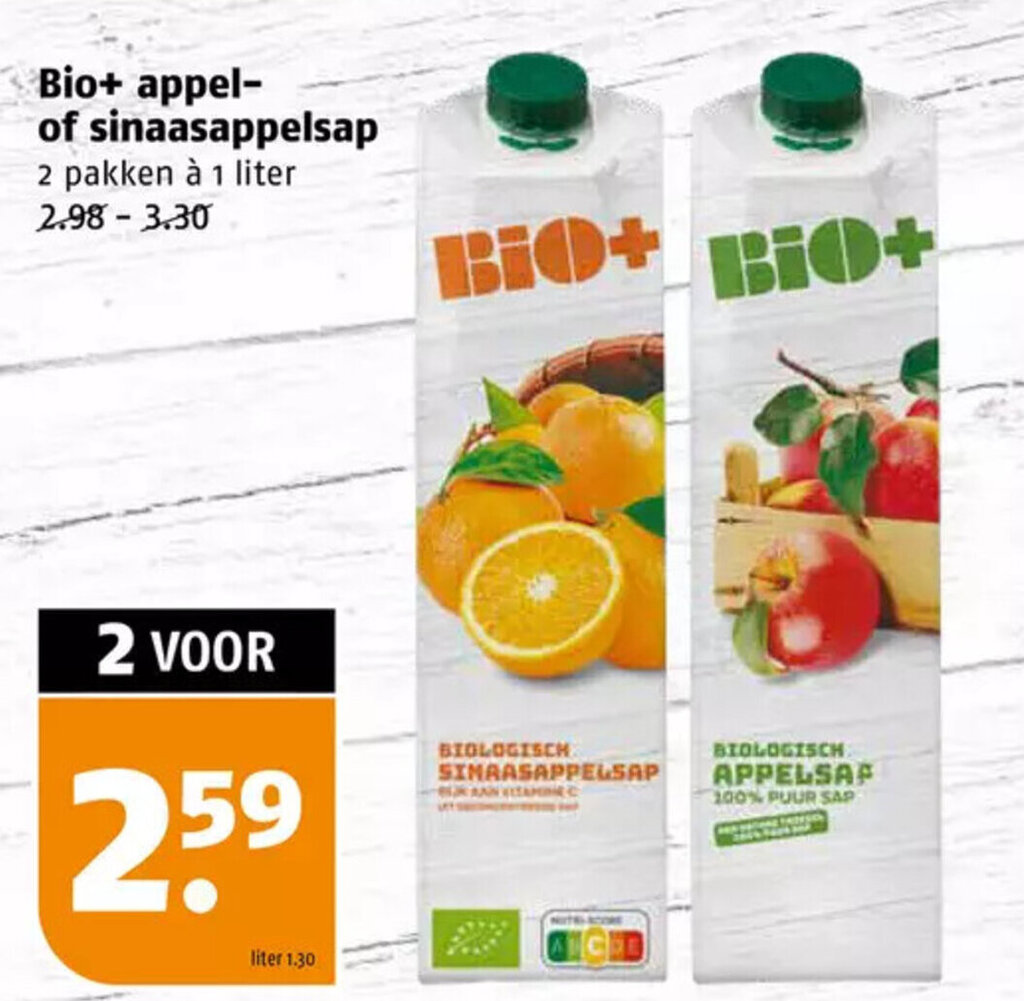 Bio+appel-of sinaasappelsap 1 liter aanbieding bij Poiesz