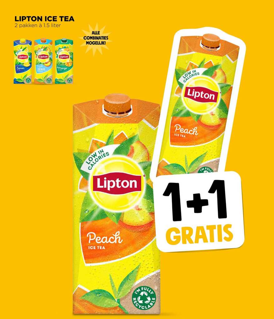 Lipton Ice Tea 1.5 liter 1+1 gratis aanbieding bij Jumbo