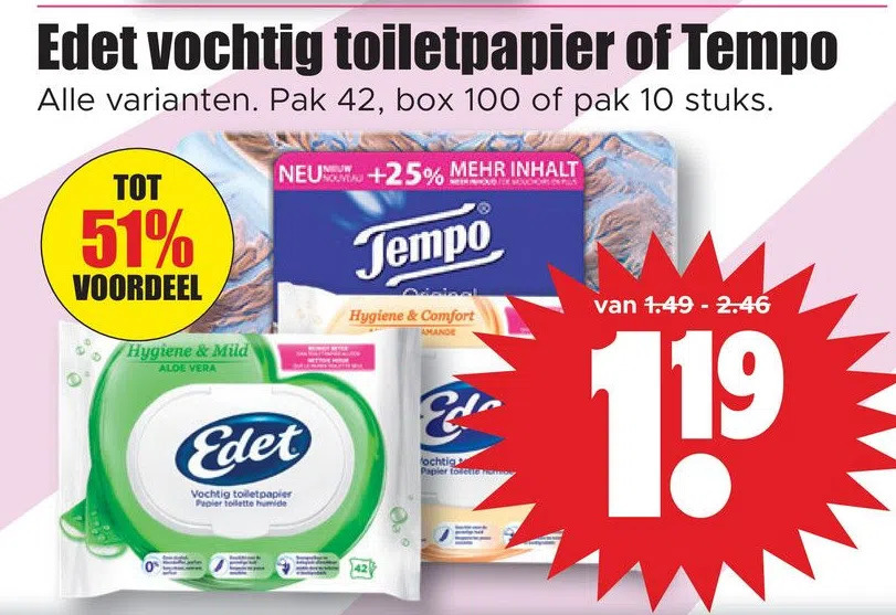 Edet vochtig toiletpapier of tempo aanbieding bij Dirk