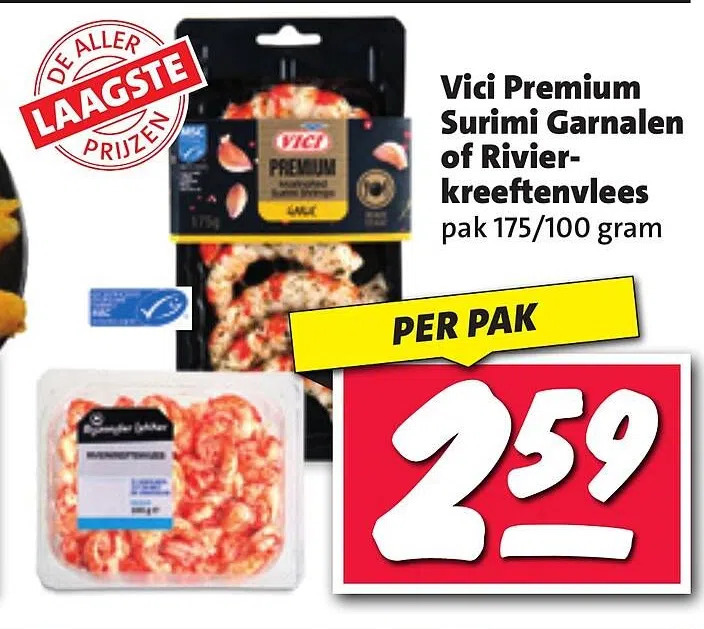 Vici premium surimi garnalen of rivier- kreeftenvlees aanbieding bij Nettorama
