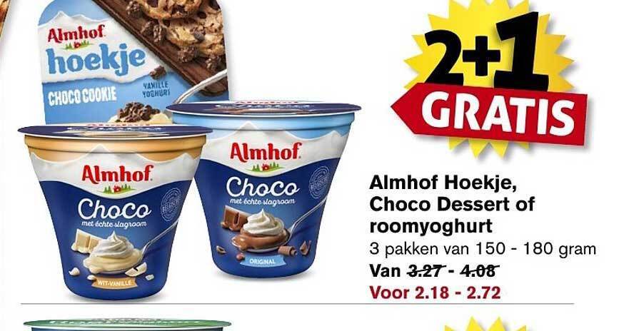 Almhof hoekje, choco dessert of roomyoghurt aanbieding bij Hoogvliet