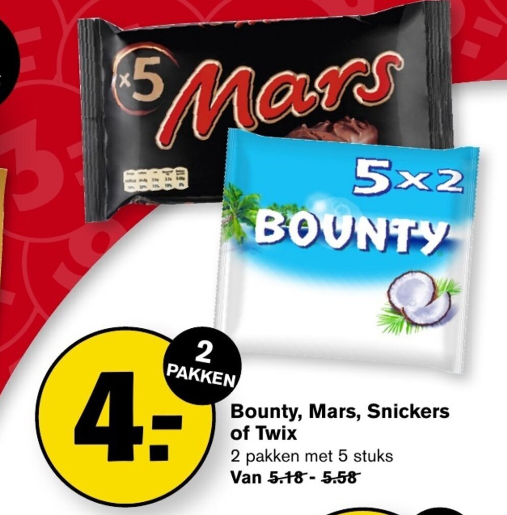 Bounty, mars, snickers of twix 5 stuks aanbieding bij Hoogvliet