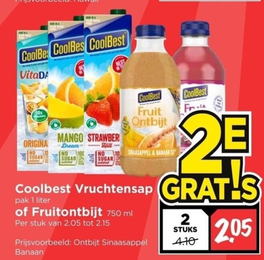 CoolBest vruchtensap 1 liter of fruitontbijt 750 ml 2 stuks 2e gratis ...