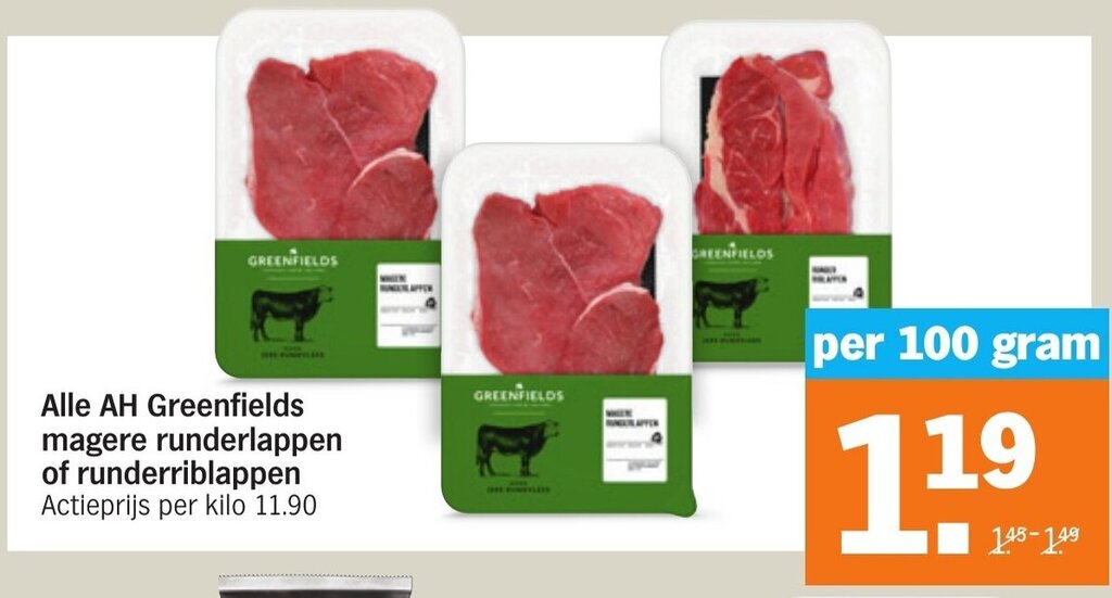 Alle greenfields magere runderlappen of runderriblappen per 100 gram ...