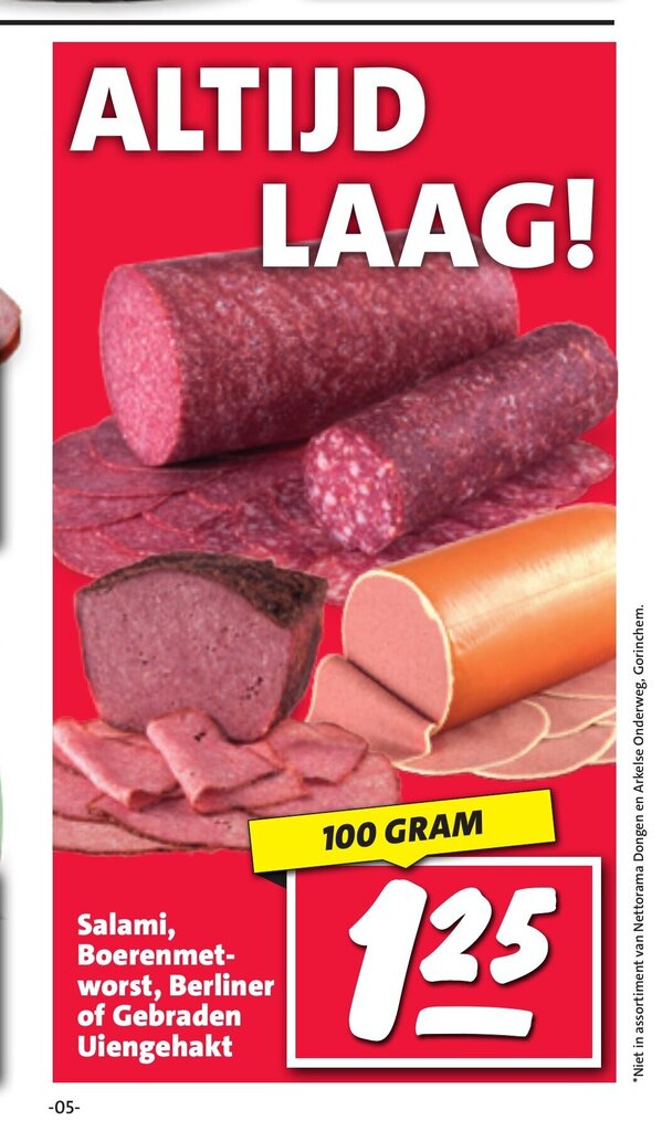 Salami, Boerenmet-worst, Berliner of Gebraden Uiengehakt 100 gram ...