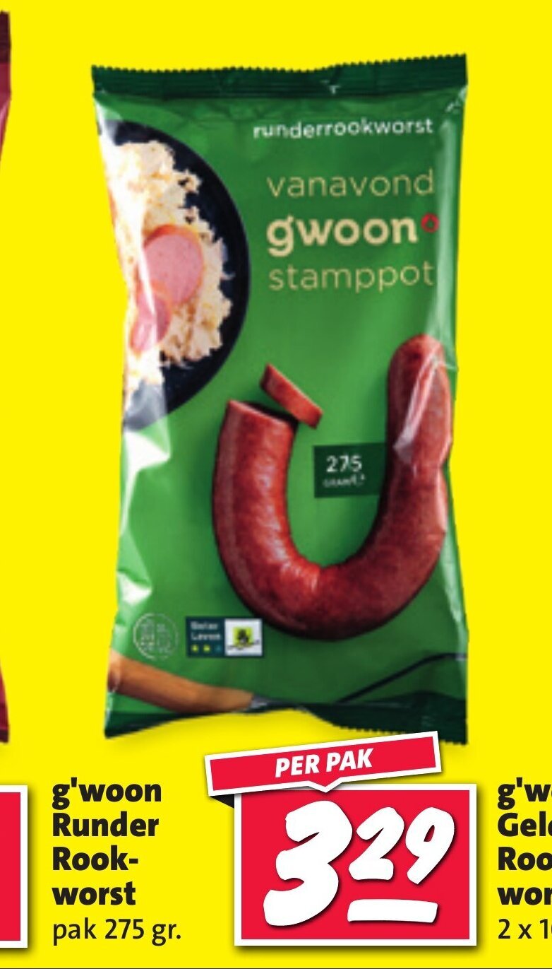 G'woon Runder Rookworst 275 gram aanbieding bij Nettorama