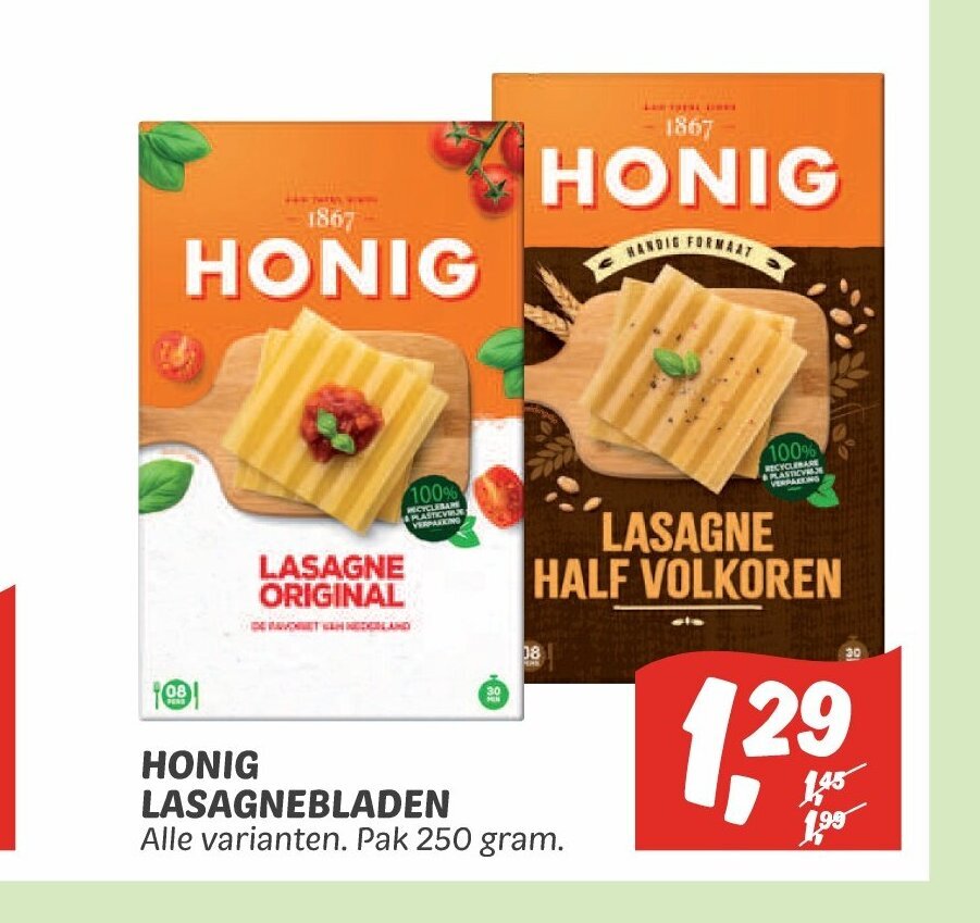 Honig Lasagnebladen 250 gram aanbieding bij Dekamarkt