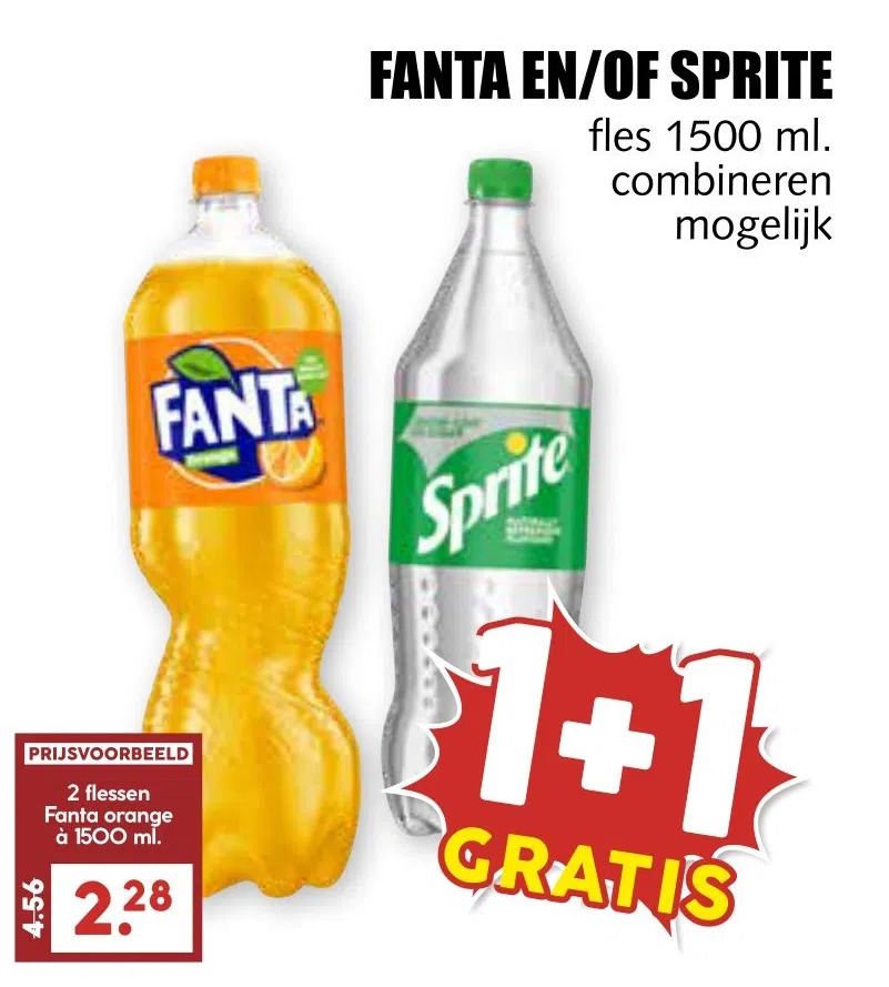 Fanta en/of sprite 1+1 GRATIS aanbieding bij MCD Supermarkt