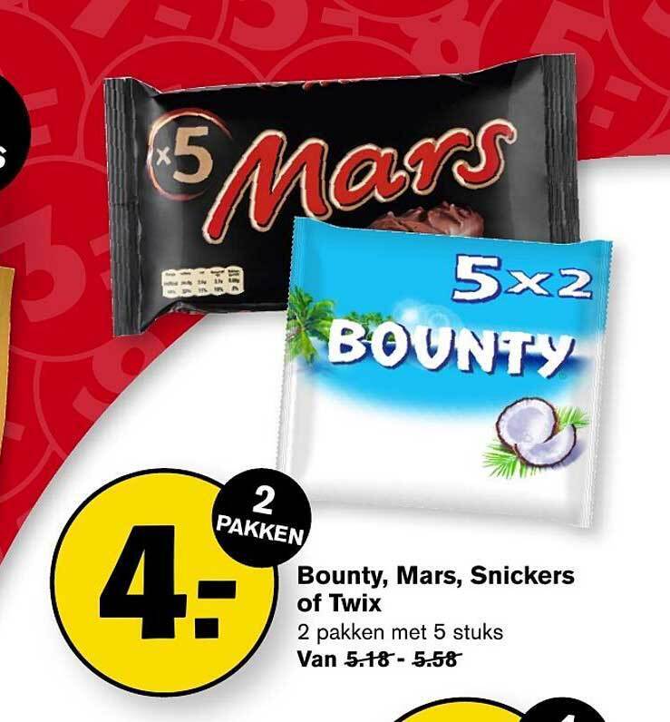 Bounty, mars, snickers of twix aanbieding bij Hoogvliet