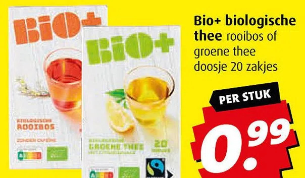 Bio+ biologische thee rooibos of groene thee doosje 20 zakjes ...