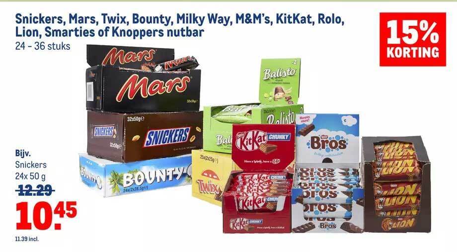 Snickers, mars, twix, bounty, milky way, m&m's, kitkat, rolo, lion ...