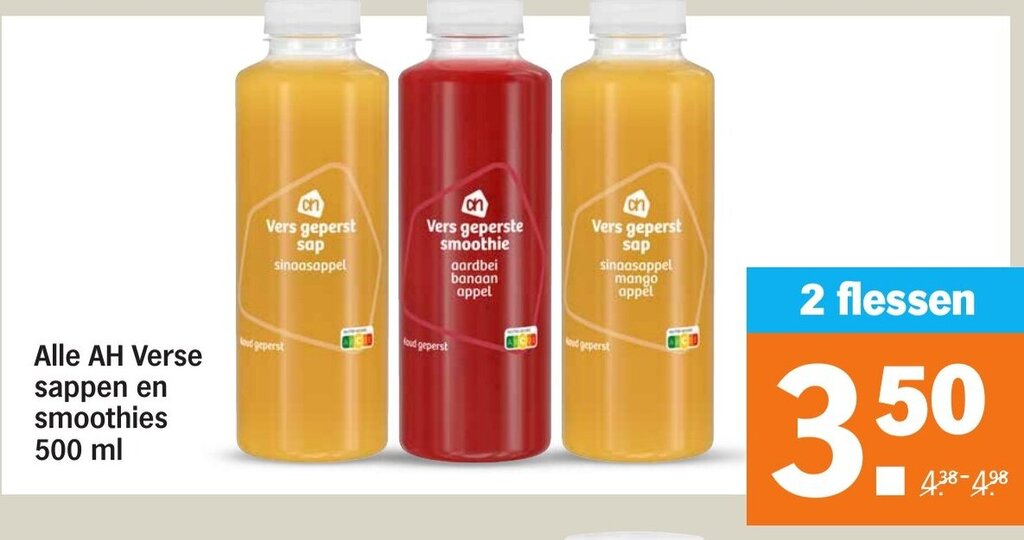 Alle AH verse sappen en smoothies 500ml aanbieding bij Albert Heijn