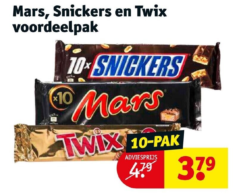 Mars, snickers en twix voordeelpak 10-pak aanbieding bij Kruidvat