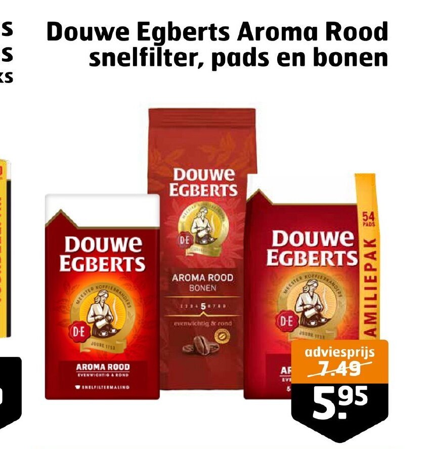 Douwe Egberts Aroma Rood snelfilter, pads en bonen aanbieding bij ...