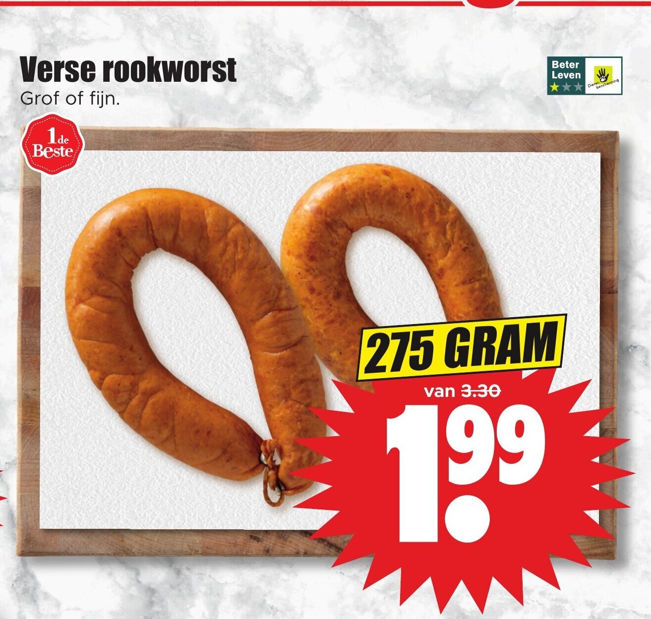 Verse rookworst grof of fijn 275 gram aanbieding bij Dirk