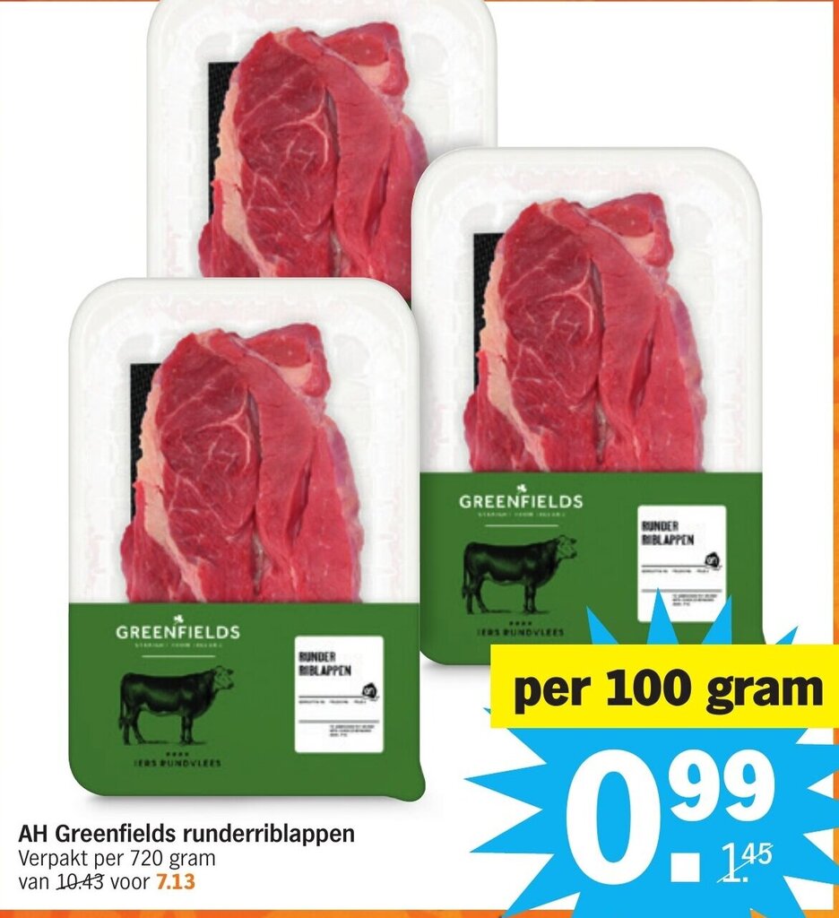 AH Greenfields runderriblappen 100 gram aanbieding bij Albert Heijn