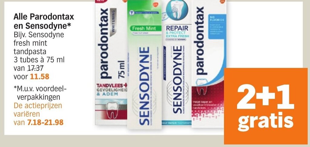 Alle Parodontax en Sensodyne 75 ml 2+1 gratis aanbieding bij Albert Heijn