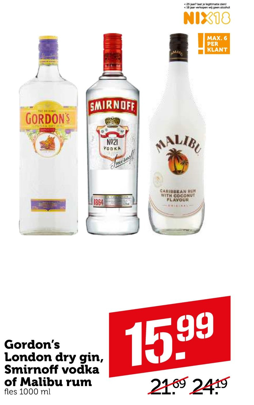 Gordon's London dry gin, Smirnoff vodka of Malibu rum 1000ml aanbieding ...