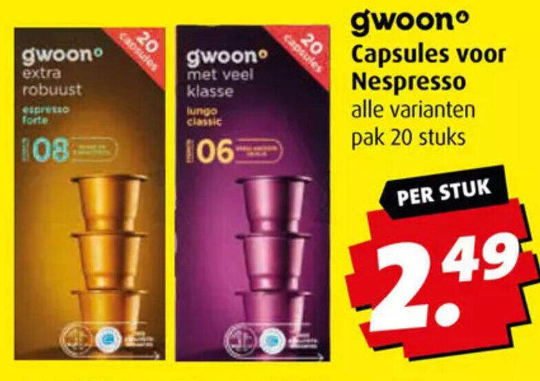 Gwoon capsules voor nespresso aanbieding bij Boni