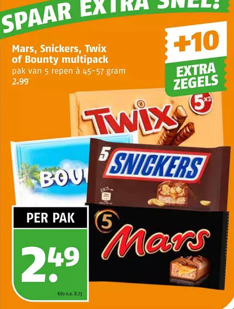 Mars, snickers, twix of bounty multipack aanbieding bij Poiesz