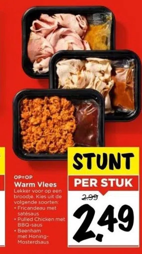 Warm vlees fricandeau met satesaus aanbieding bij Vomar Voordeelmarkt