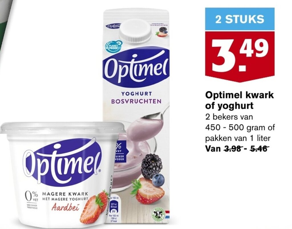 Optimel kwark of yoghurt 450-500g 1 liter aanbieding bij Hoogvliet