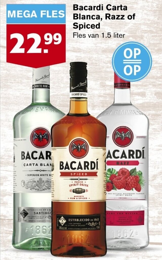 Bacardi carta blanca, razz of spiced 1 liter aanbieding bij Hoogvliet