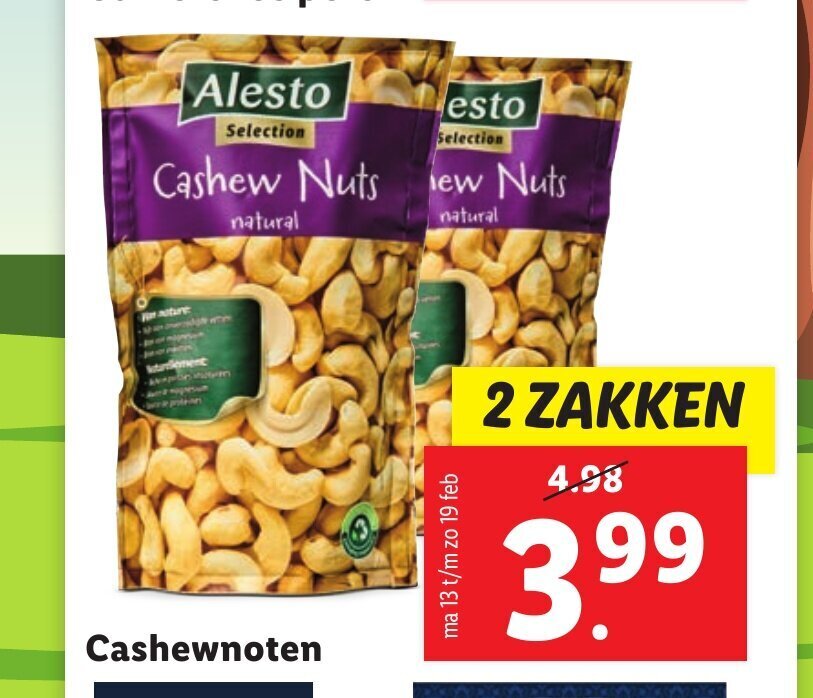 Alesto Cashewnoten 2 zakken aanbieding bij Lidl