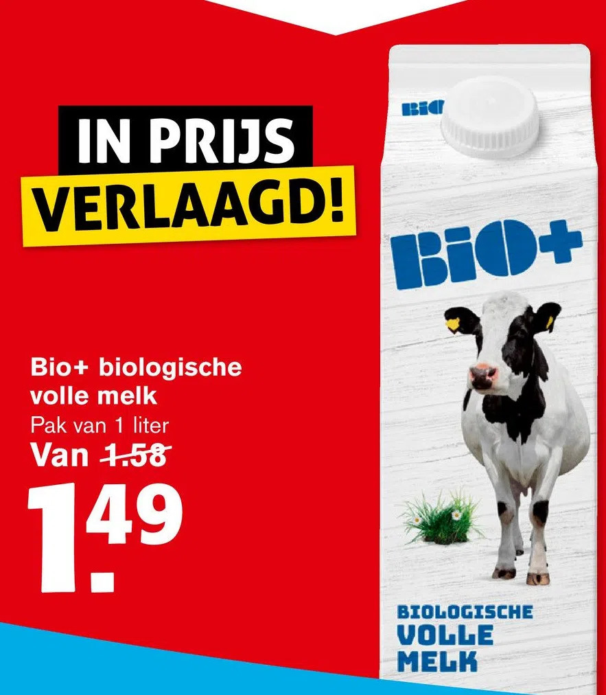 Bio+ biologische volle melk aanbieding bij Hoogvliet