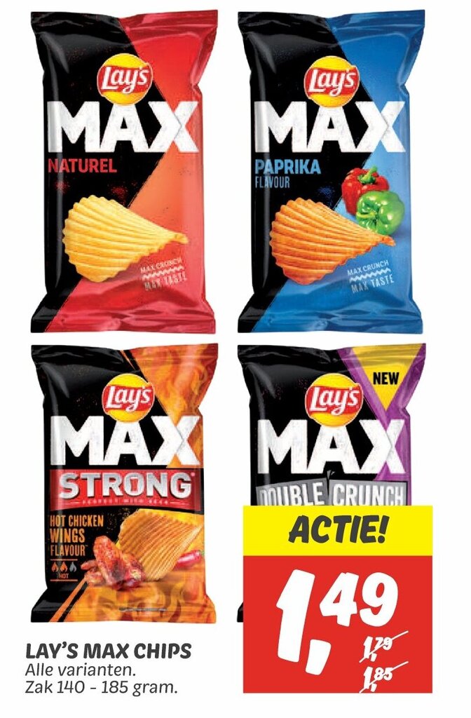 Lay's max chips 140-185g aanbieding bij Dekamarkt