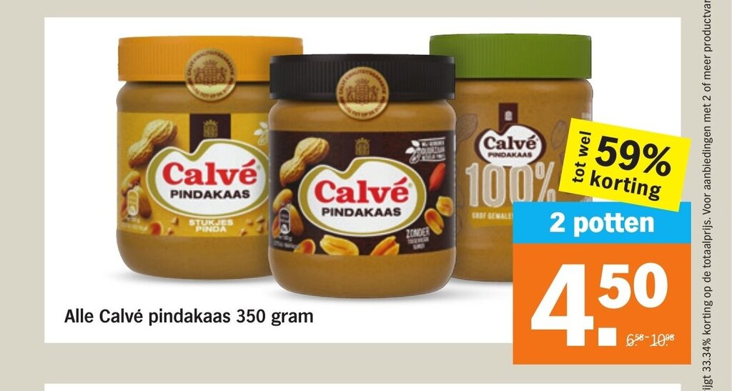 Alle Calve pindakaas 350 gram 2 potten aanbieding bij Albert Heijn