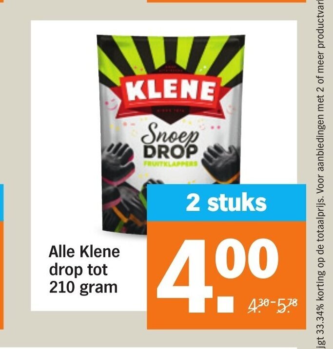 Alle Klene drop tot 210 gram 2 stuks aanbieding bij Albert Heijn