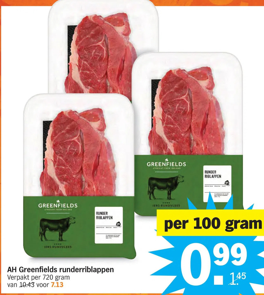 Ah greenfields runderriblappen aanbieding bij Albert Heijn