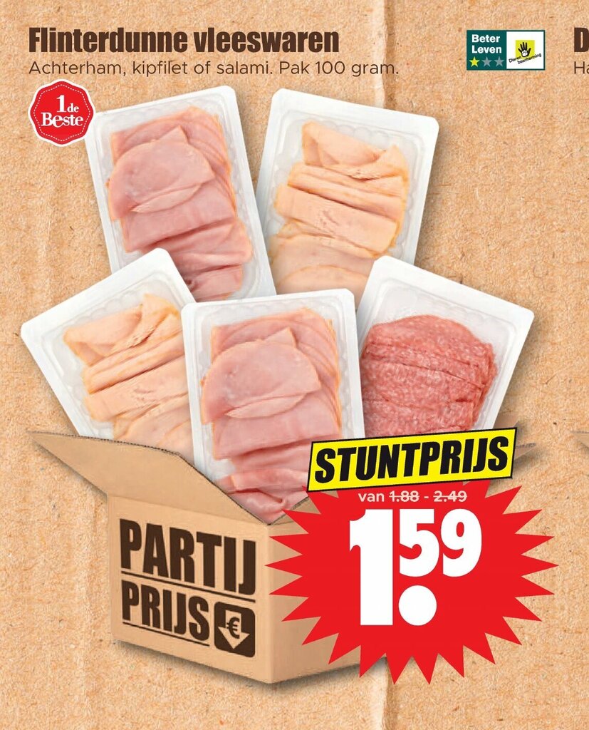 Flinterdunne vleeswaren Achterham, kipfilet of salami pak 100 gram ...